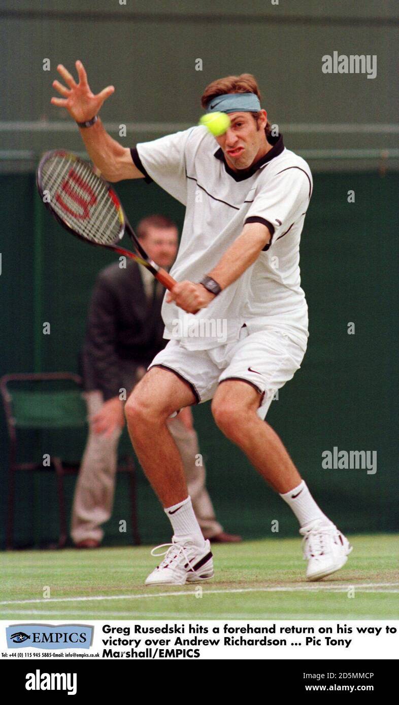 Greg Rusedski hits a forehand return on his way to victory over Andrew ...