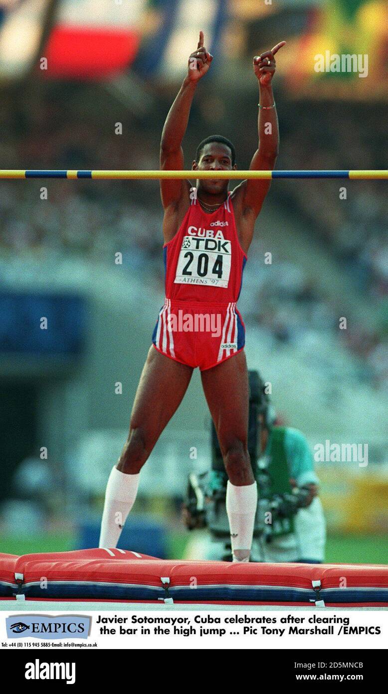 Javier Sotomayor, Cuba celebrates after clearing the bar in the high ...