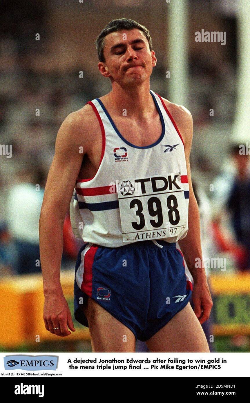 A dejected Jonathan Edwards after failing to win gold in the mens ...