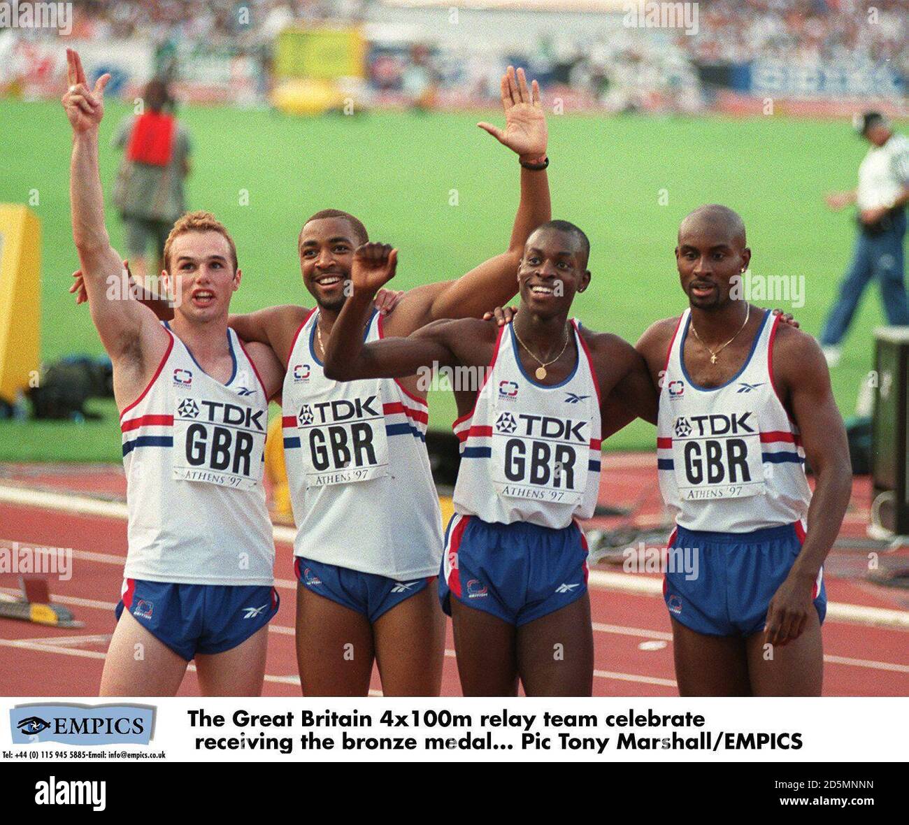 The Great Britain 4x100m relay team celebrate receiving the bronze ...