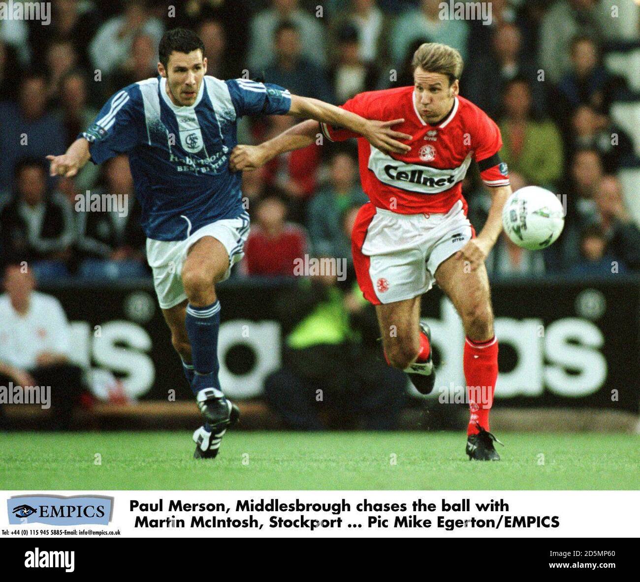 Paul Merson, Middlesbrough chases the ball with Martin McIntosh ...
