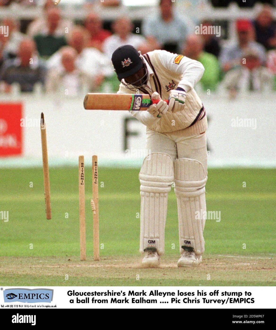 Gloucestershire's Mark Alleyne loses his off stump to a ball from Mark ...