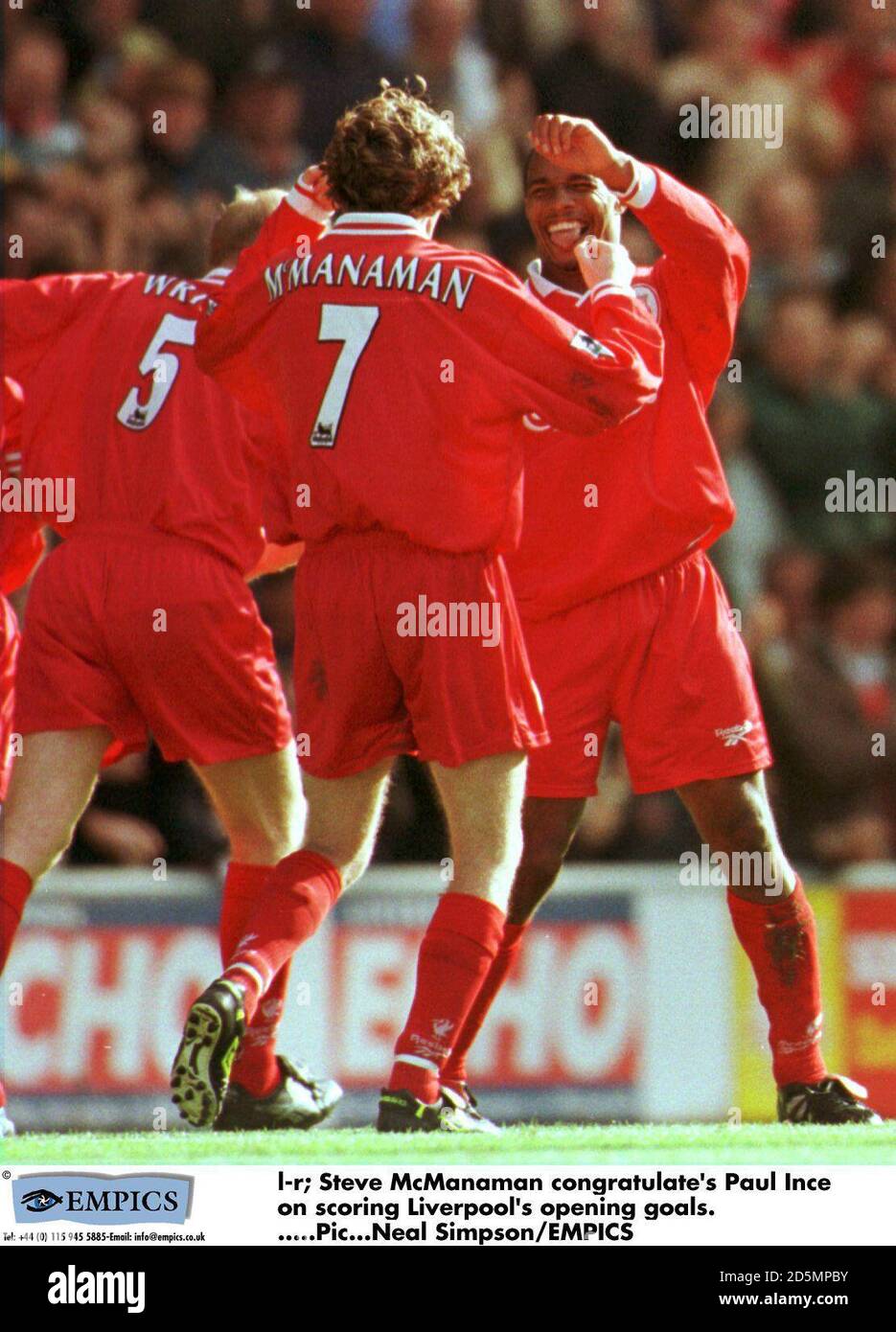 Liverpool's Steve McManaman (left) congratulates Paul Ince (right) on ...