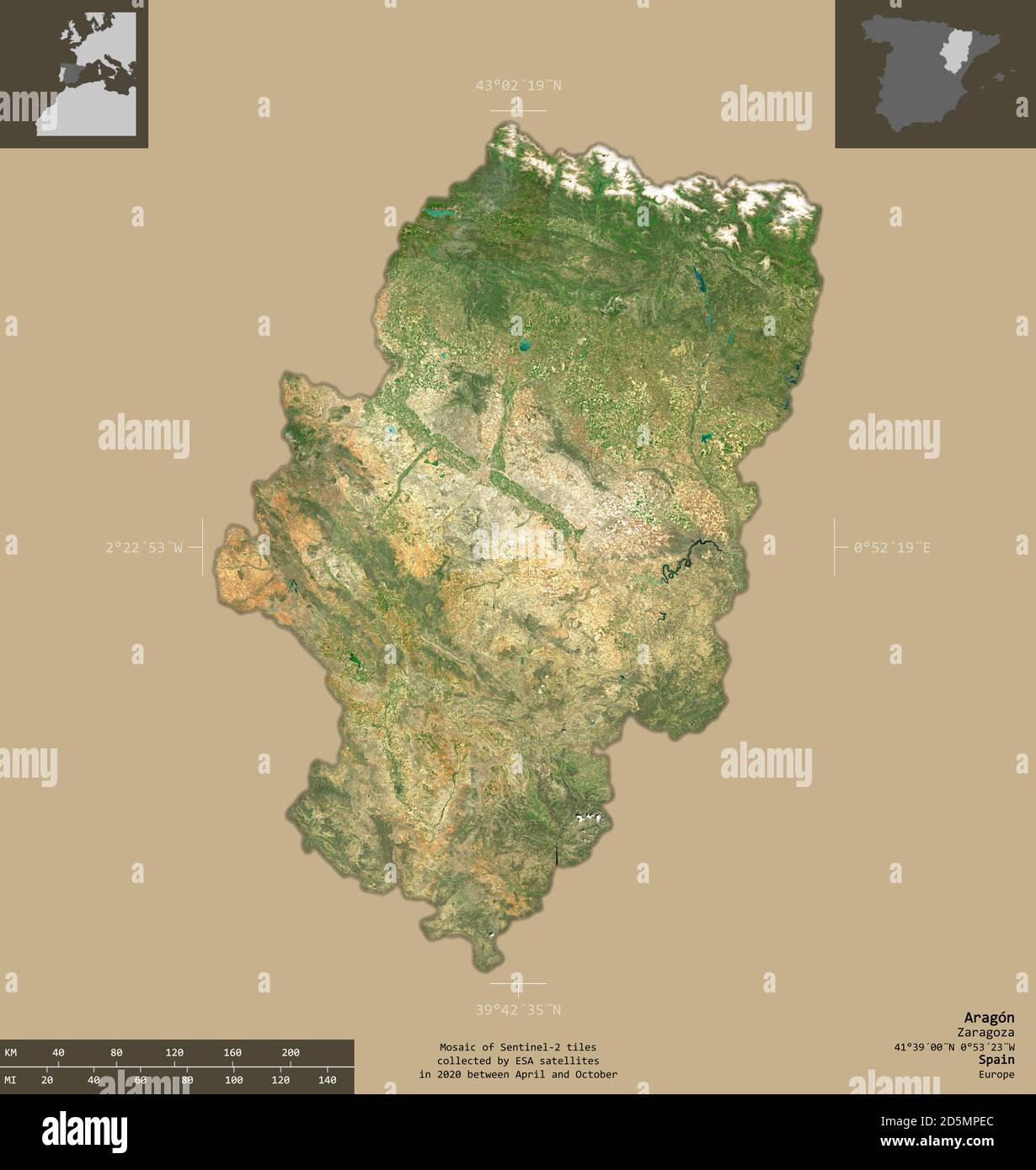 Aragon, autonomous community of Spain. Sentinel-2 satellite imagery ...