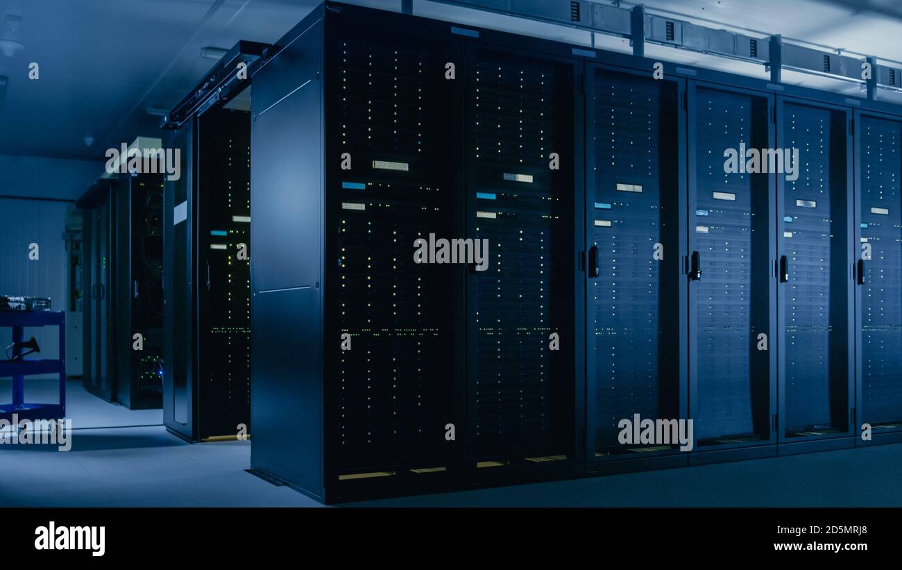 Shot of Data Center With Multiple Rows of Fully Operational Server ...