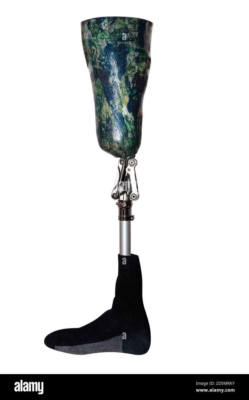 A prosthetic leg with a green leg socket and a black sock, isolated on ...