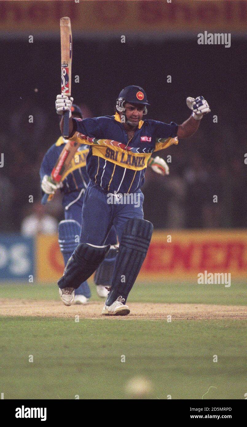Sri Lanka's captain Arjuna Ranatunga celebrates as he realises his team ...