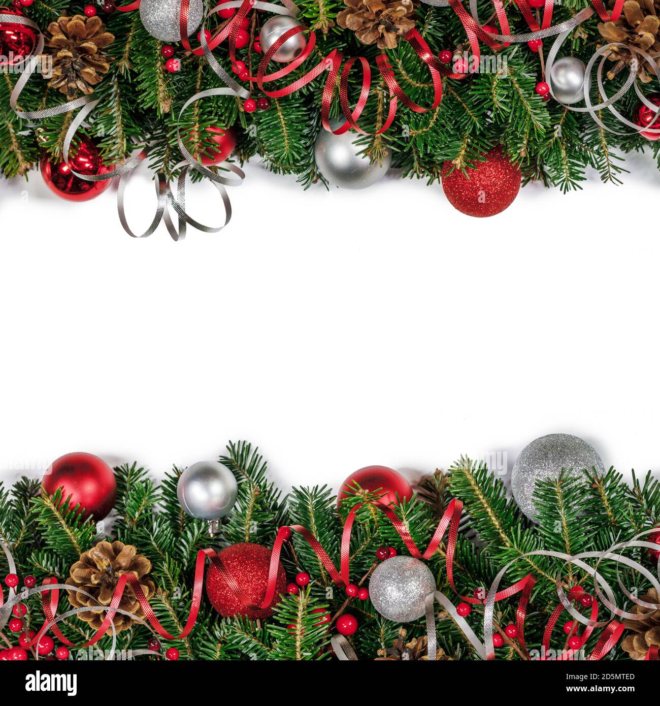 Christmas border frame design copmosition of fir tree branch and red ...