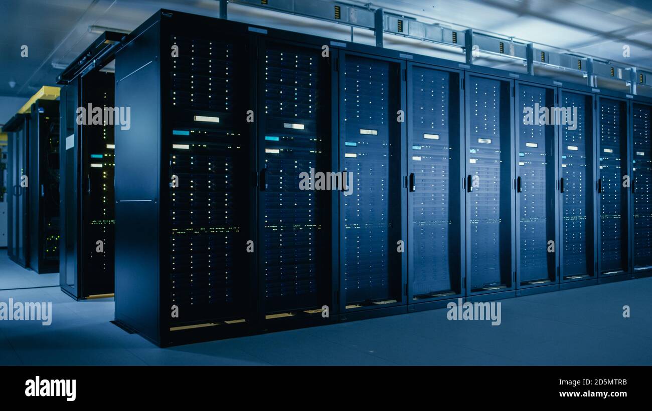 Shot of Data Center With Multiple Rows of Fully Operational Server ...