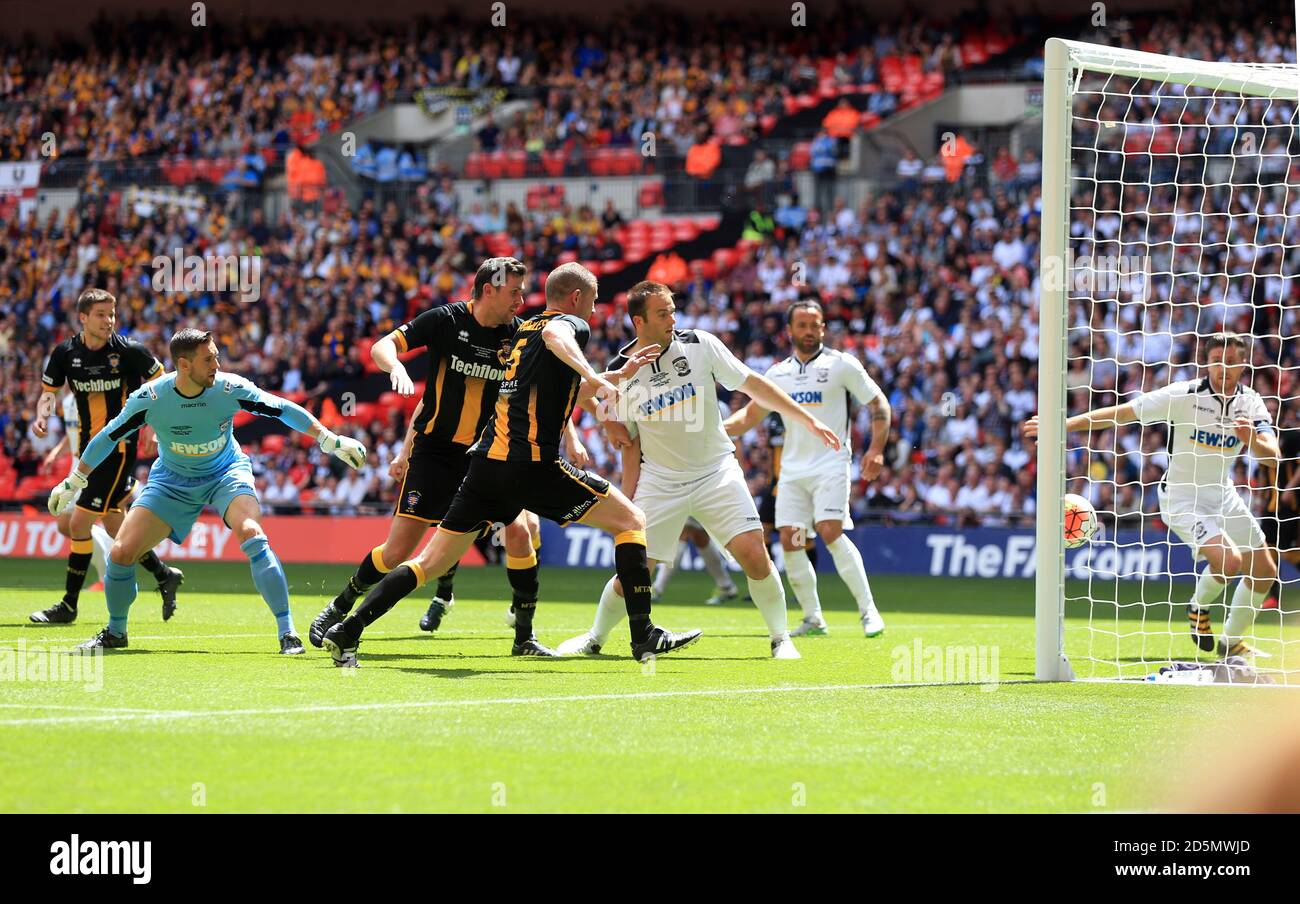 Morpeth Town's Chris Swailes (centre) scores the equalizing goal Stock ...