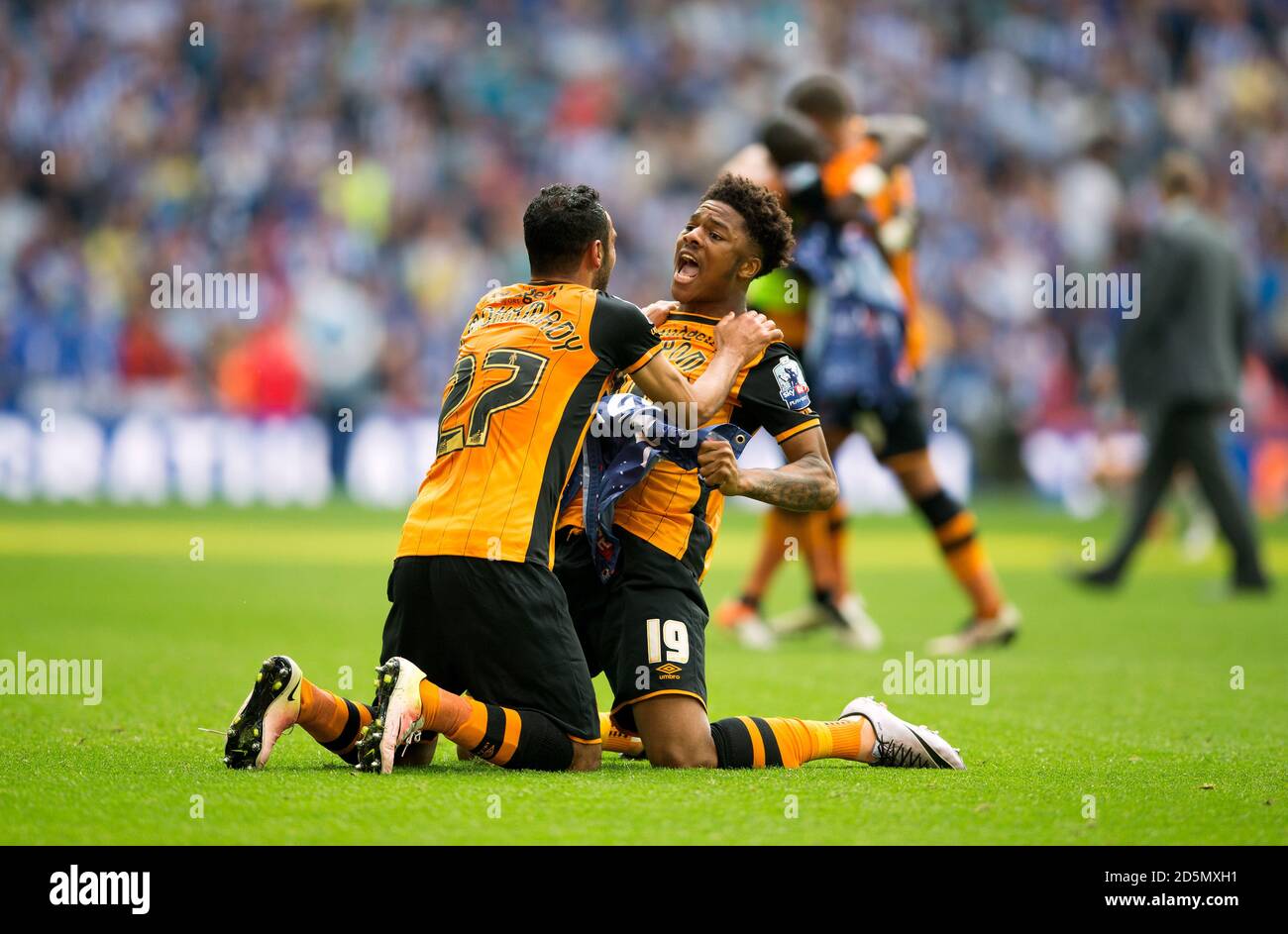 Hull City's Ahmed Elmohamady and Chuba Akpom celebrate after the final ...
