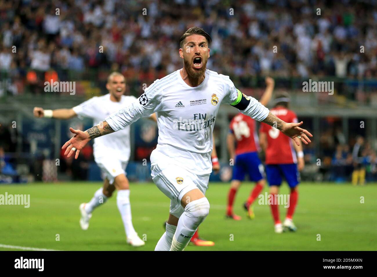Real Madrid's Sergio Ramos celebrates scoring their first goal of the ...