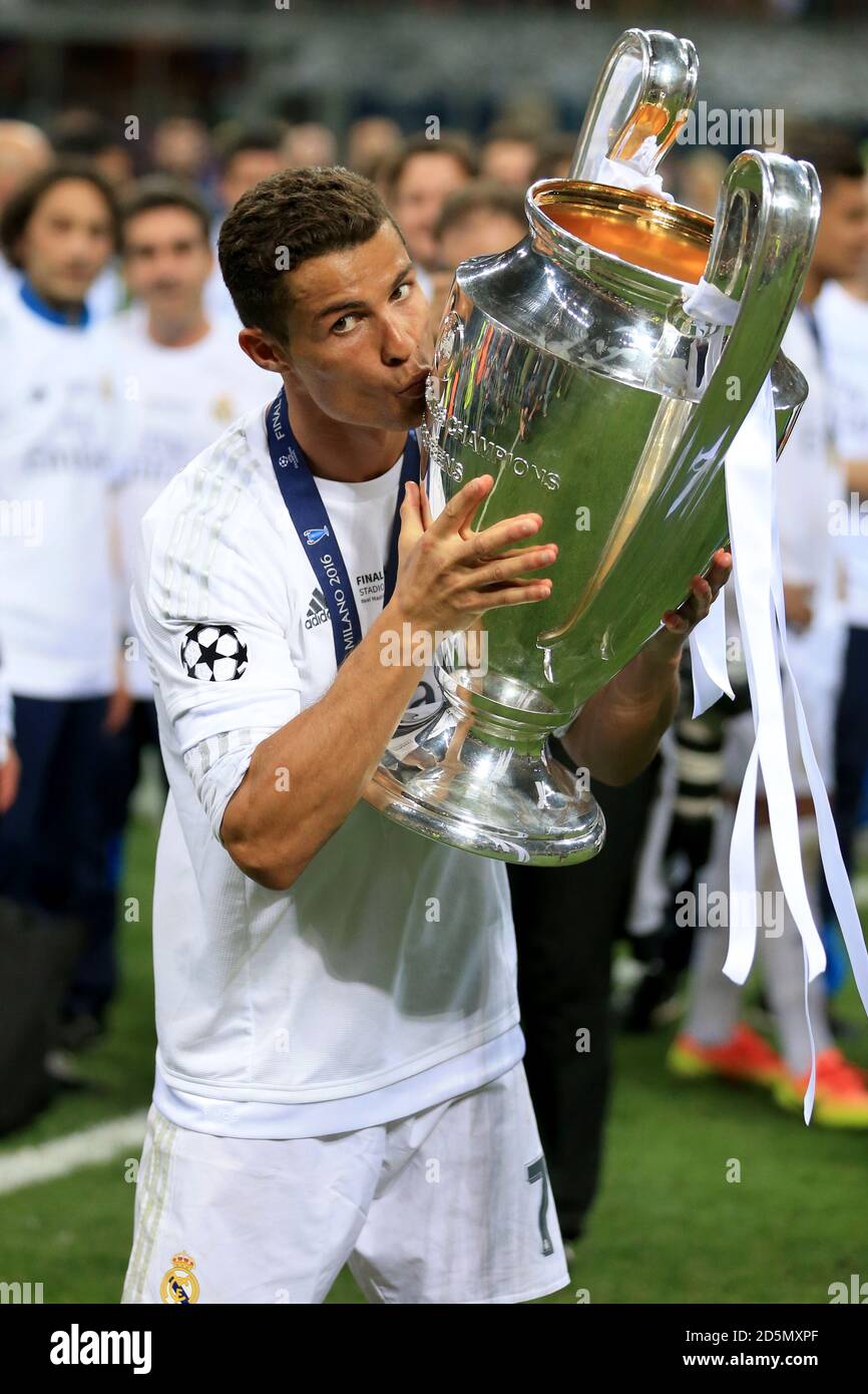 Real Madrid's Cristiano Ronaldo celebrates with the UEFA Champions ...