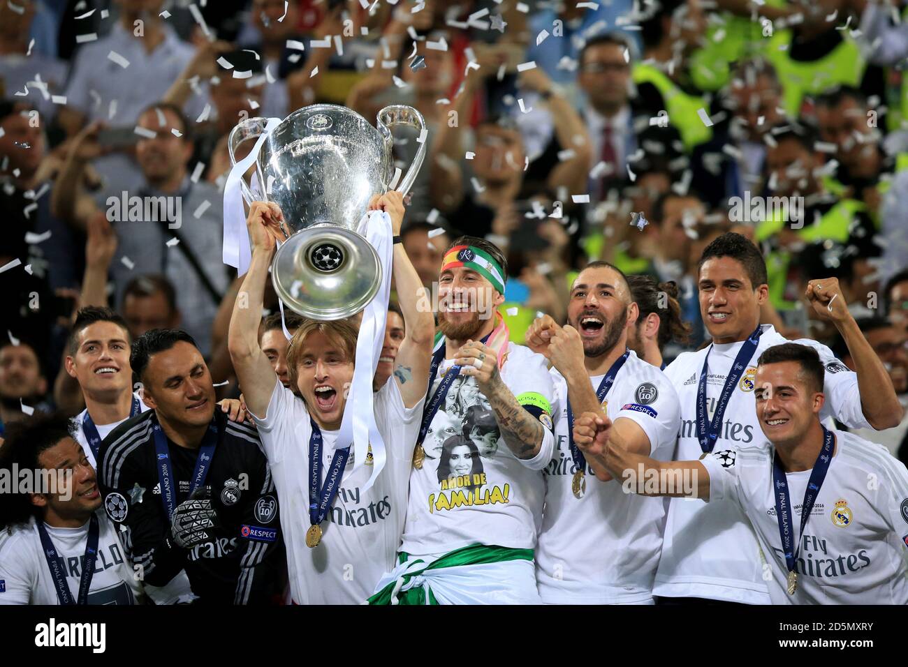 Real Madrid's Luka Modric (fourth left) celebrates with the UEFA ...