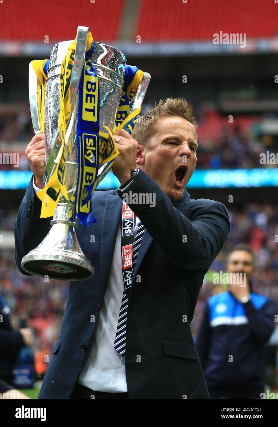 AFC Wimbledon manager Neal Ardley celebrates with the League Two Play ...