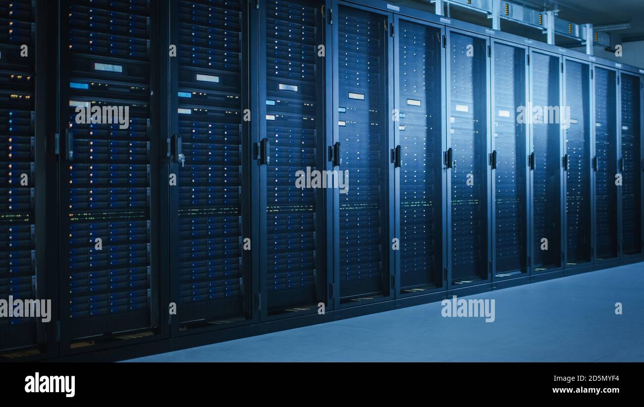 Shot of Modern Data Center With Multiple Rows of Fully Operational ...