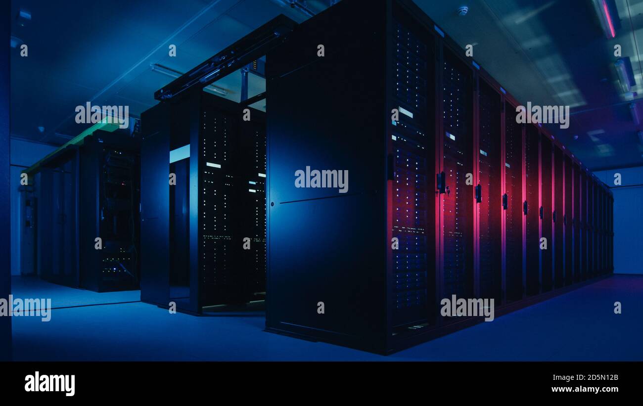 Shot of Data Center With Multiple Rows of Fully Operational Server ...