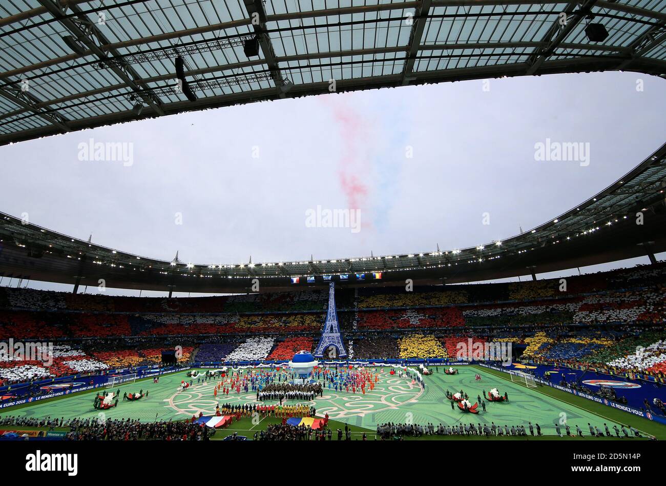A general view of the stadium as fans with coloured cards create a ...