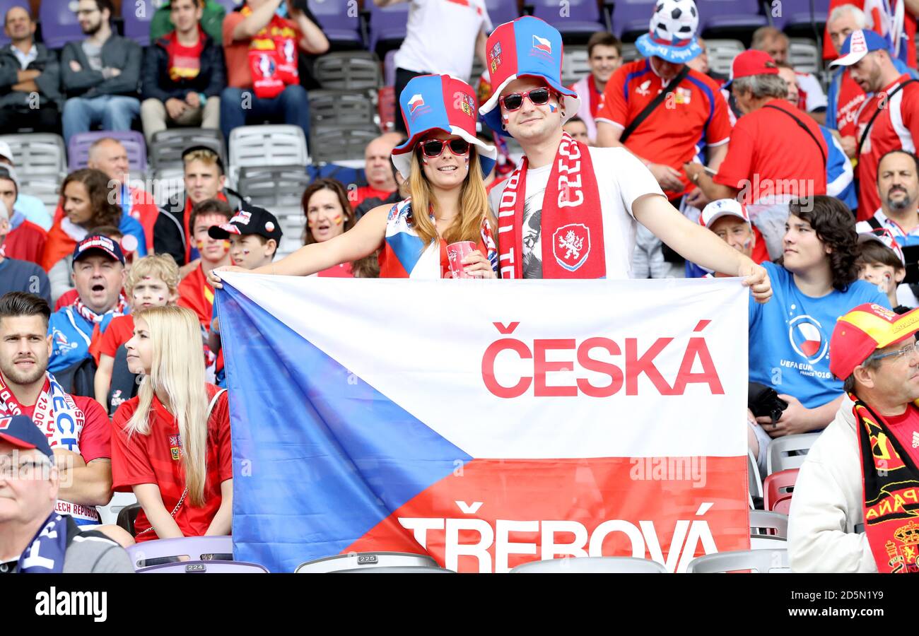 Czech Republic fans cheer on their side inside the Stadium de Toulouse ...