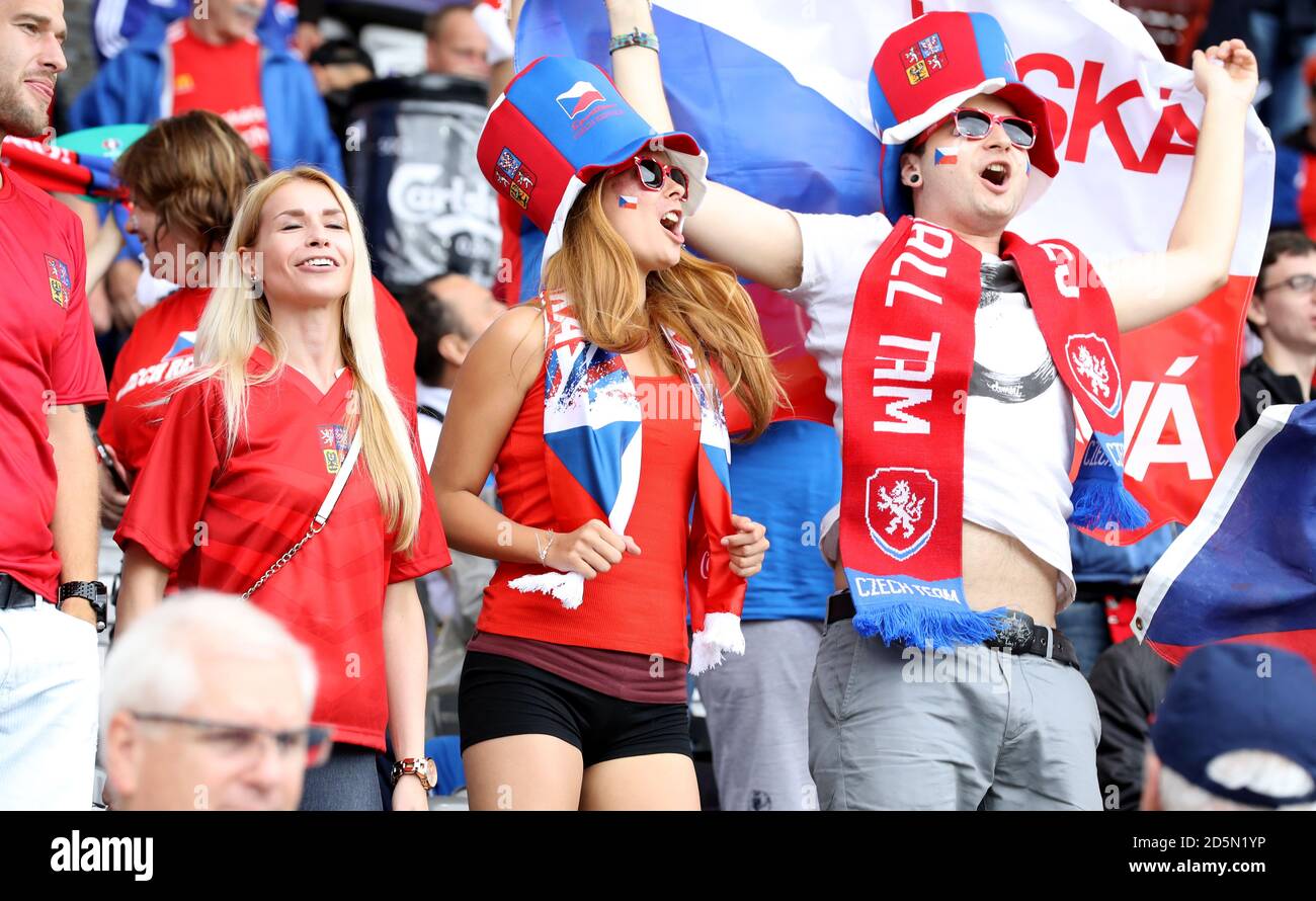 Czech Republic fans cheer on their side inside the Stadium de Toulouse ...