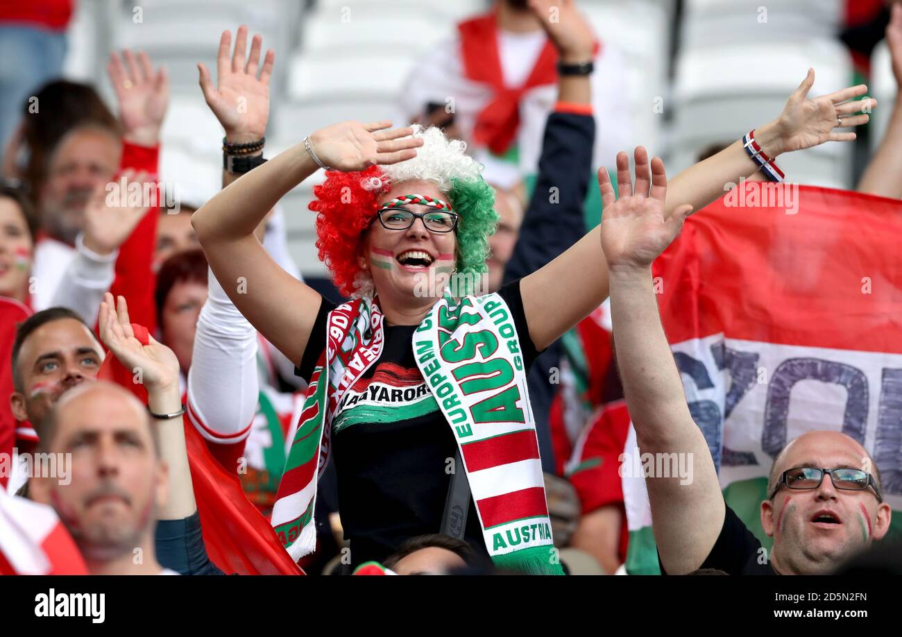 Hungary fans cheer on their side in the stands before kick off Stock ...