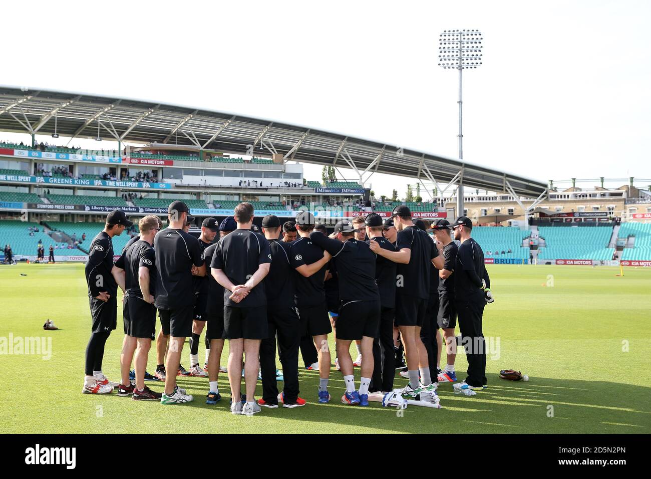 Surrey players hold a team group huddle before their pre match warm up ...