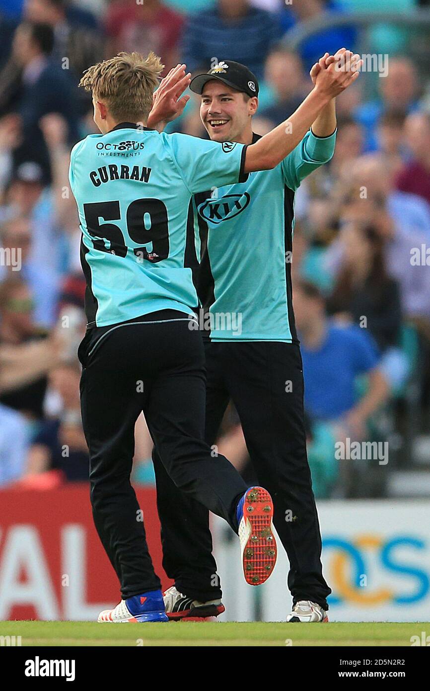Surrey's Tom Curran and Rory Burns celebrate a wicket Stock Photo - Alamy