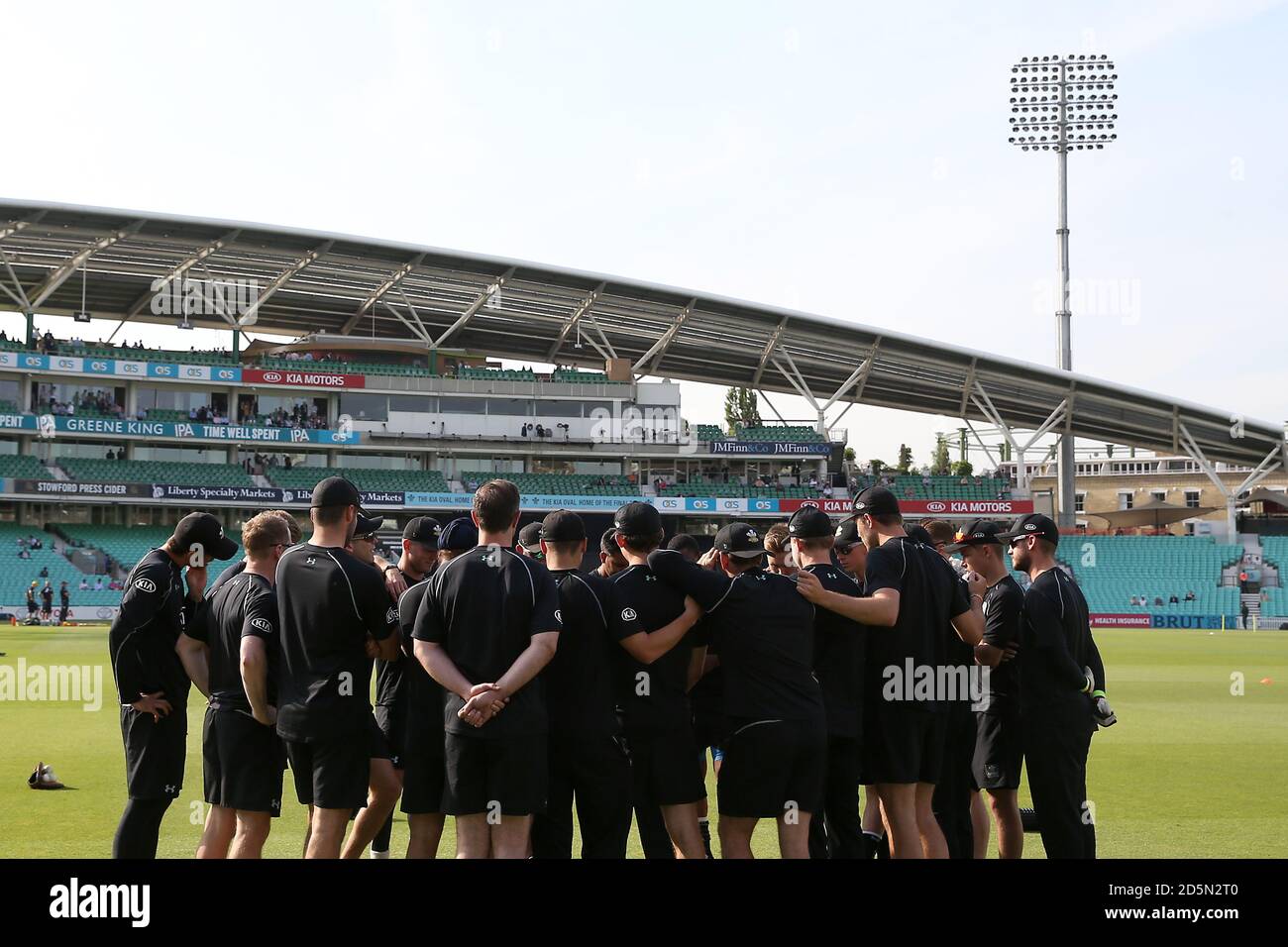 Surrey players hold a team group huddle before their pre match warm up ...