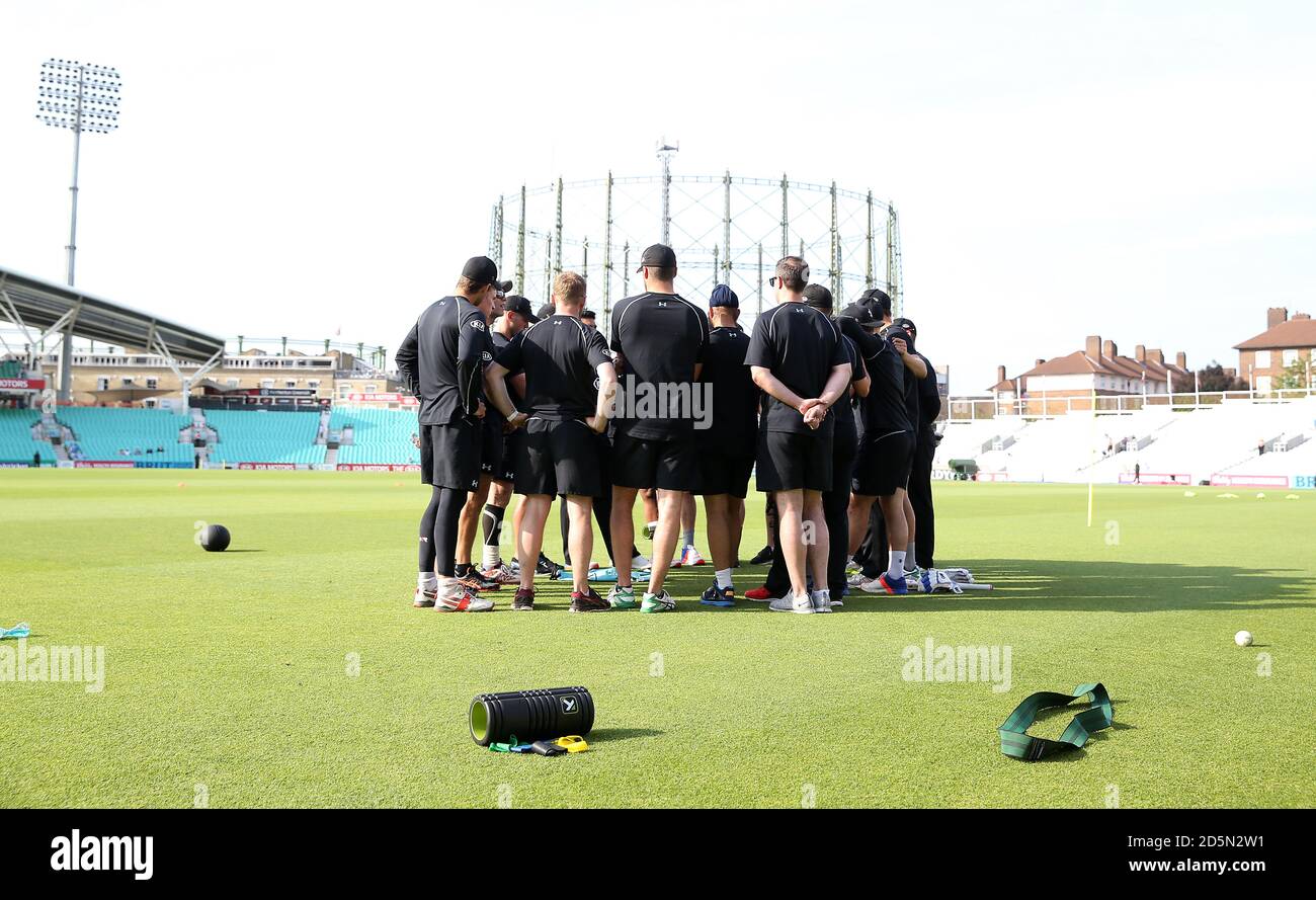 Surrey players hold a team group huddle before their pre match warm up ...