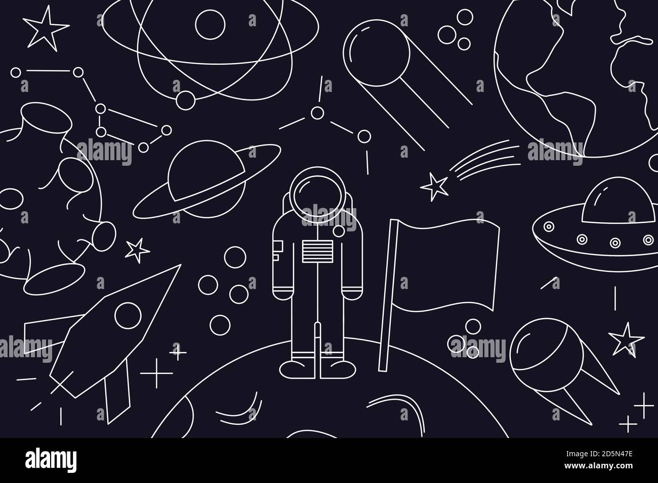 Modern pattern of planet, star, comet, with different rockets. Universe ...