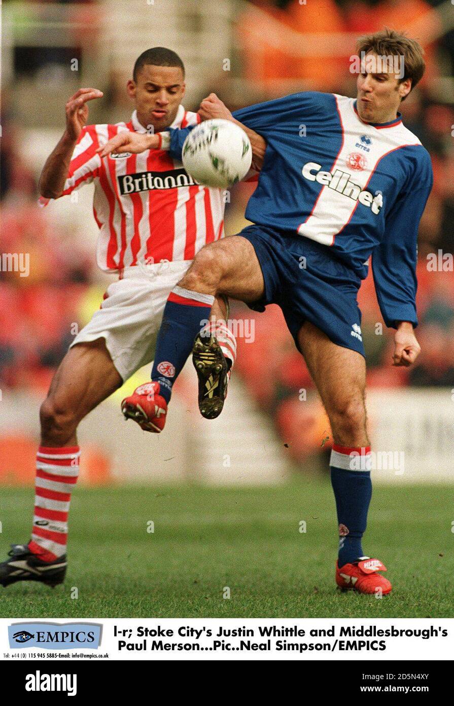 l-r; Stoke City's Justin Whittle and Middlesbrough's Paul Merson Stock ...