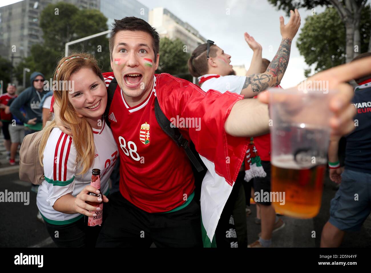 Hungary fans show their support outside the ground before the game ...