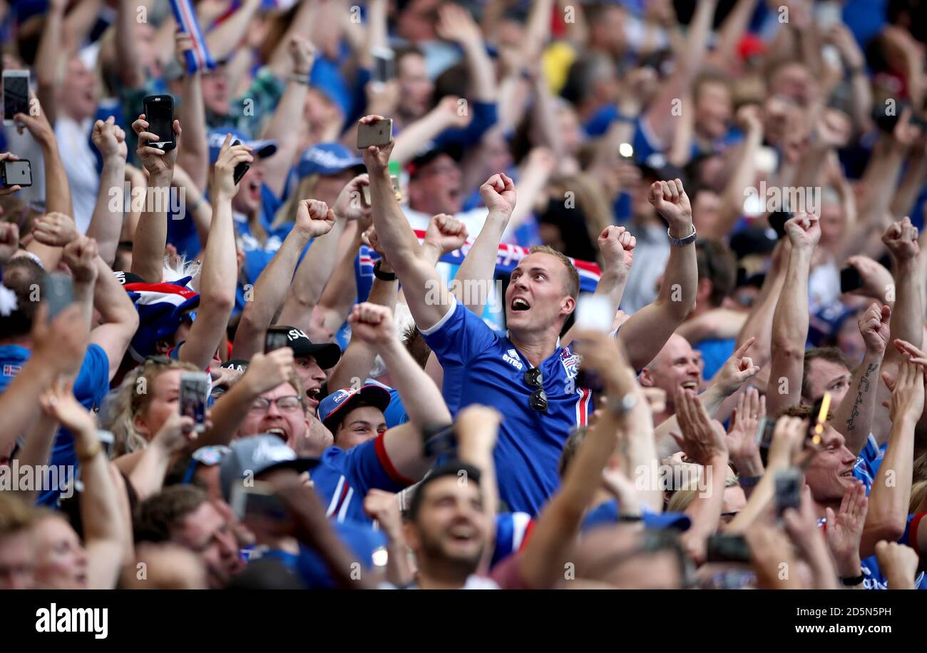 Iceland fans celebrate in the stands Stock Photo - Alamy