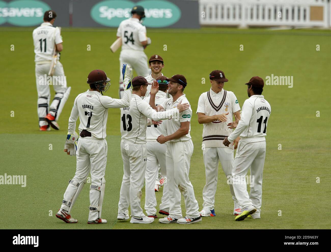 Surrey's Stuart Meaker celebrates catching out Nottinghamshire's Harry ...