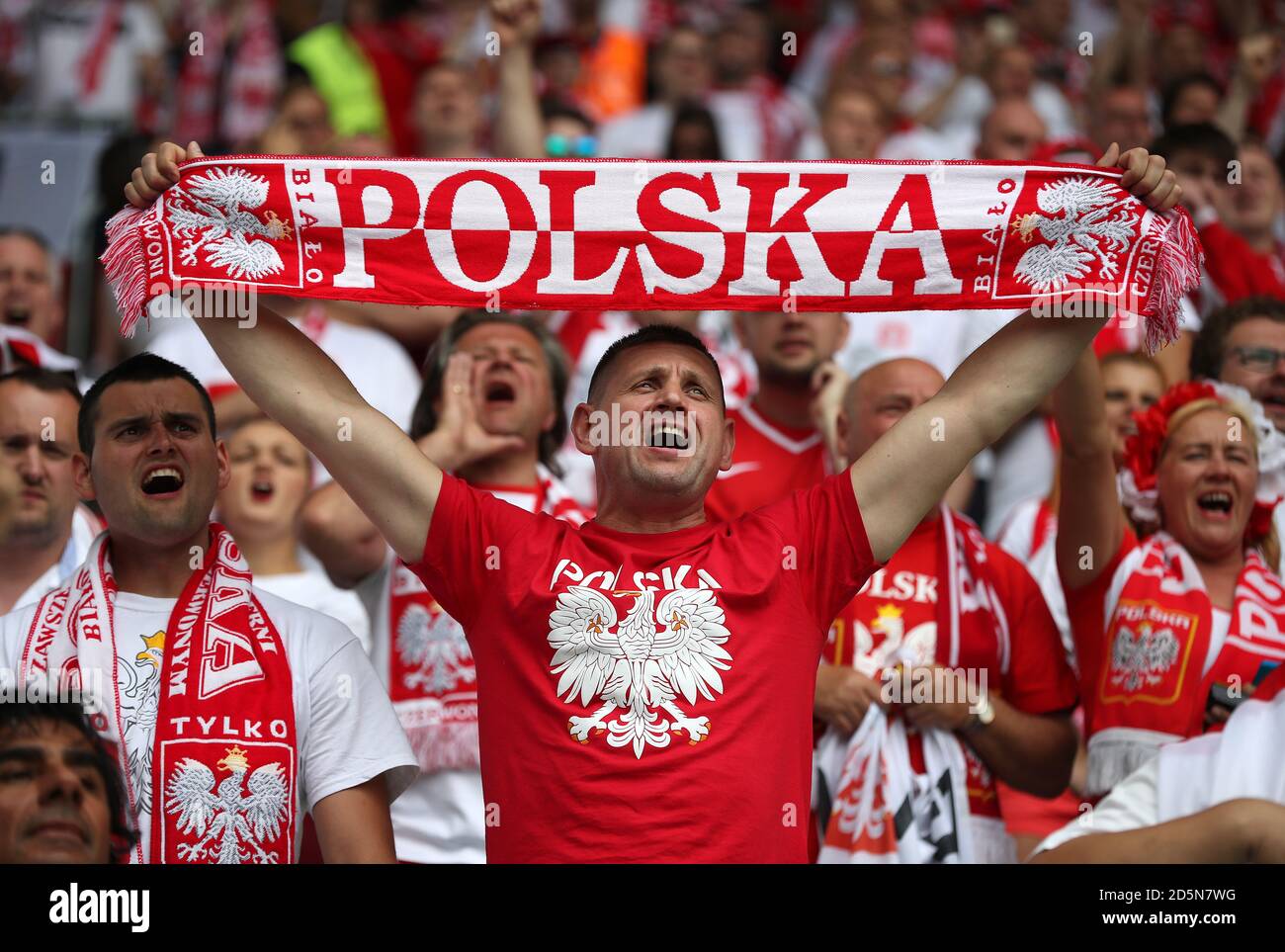 Poland fans show support for their team in the stands hi-res stock ...