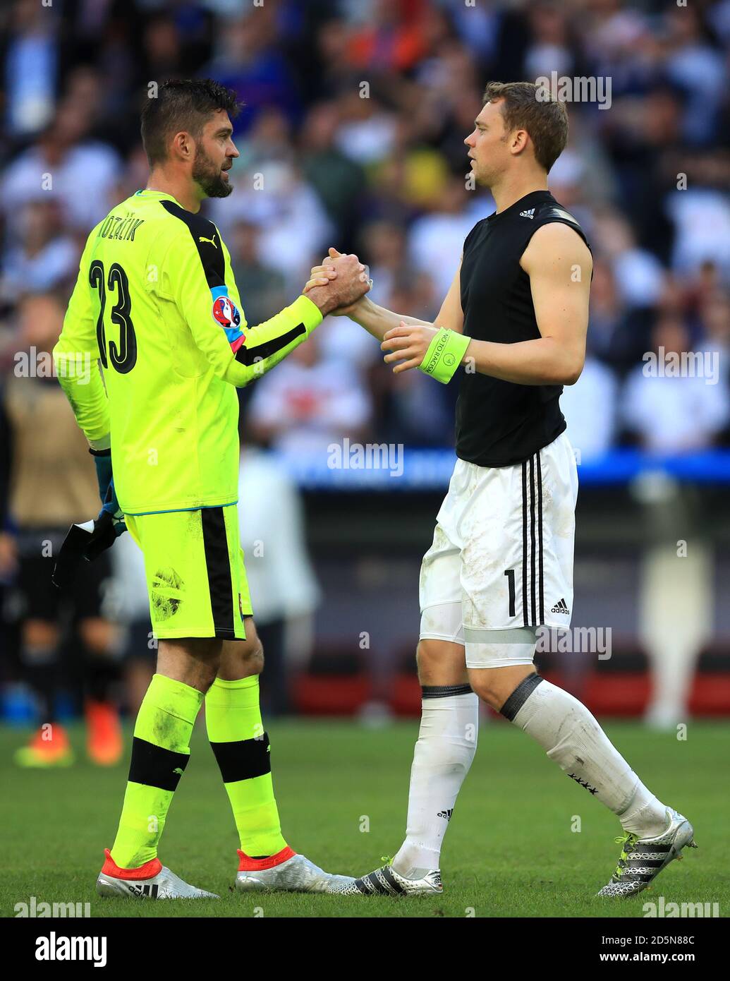 Slovakia goalkeeper Matus Kozacik (left) and Germany goalkeeper Manuel ...