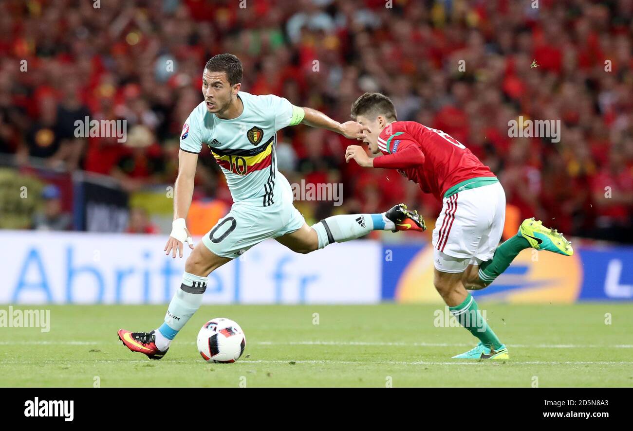Hungary's Adam Nagy (right) chases Belgium's Eden Hazard (left Stock ...