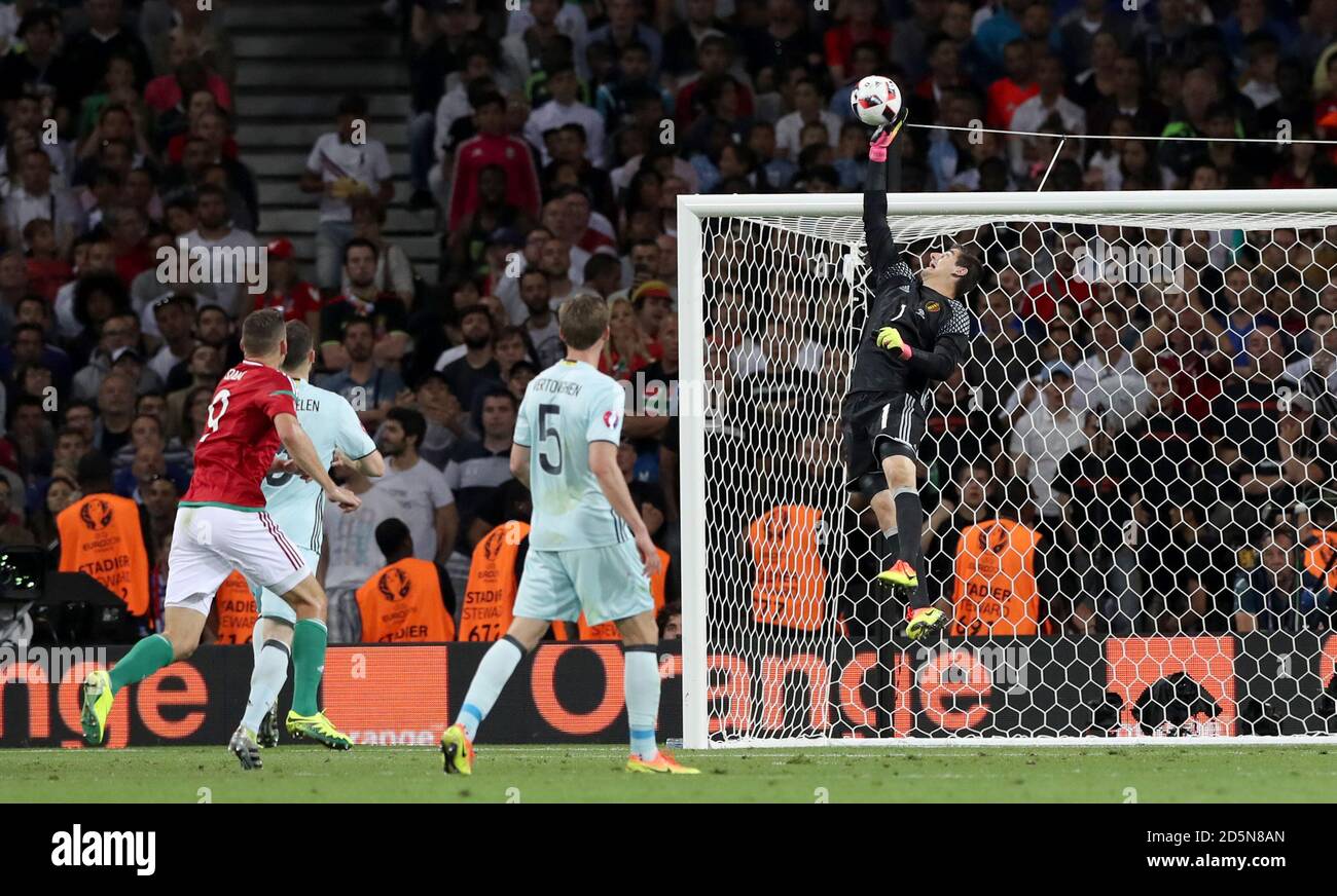 Belgium goalkeeper Thibaut Courtois dives to make a save Stock Photo ...