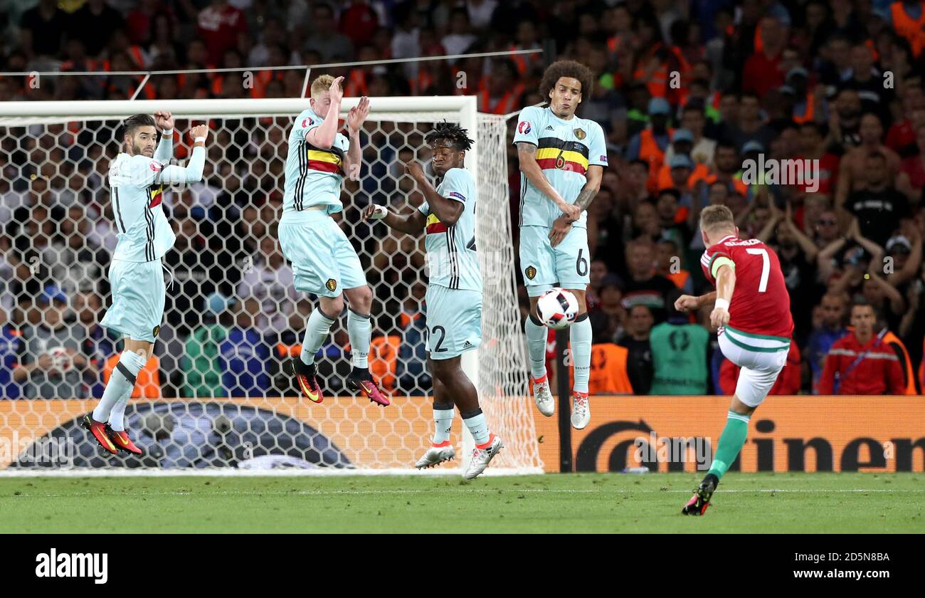 Belgium's Axel Witsel takes the block from the free kick by Hungary's ...