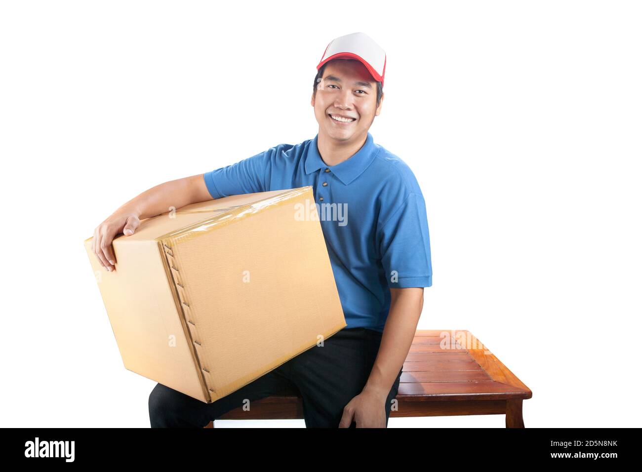 delivery man holding container box smiling face isolate white ...