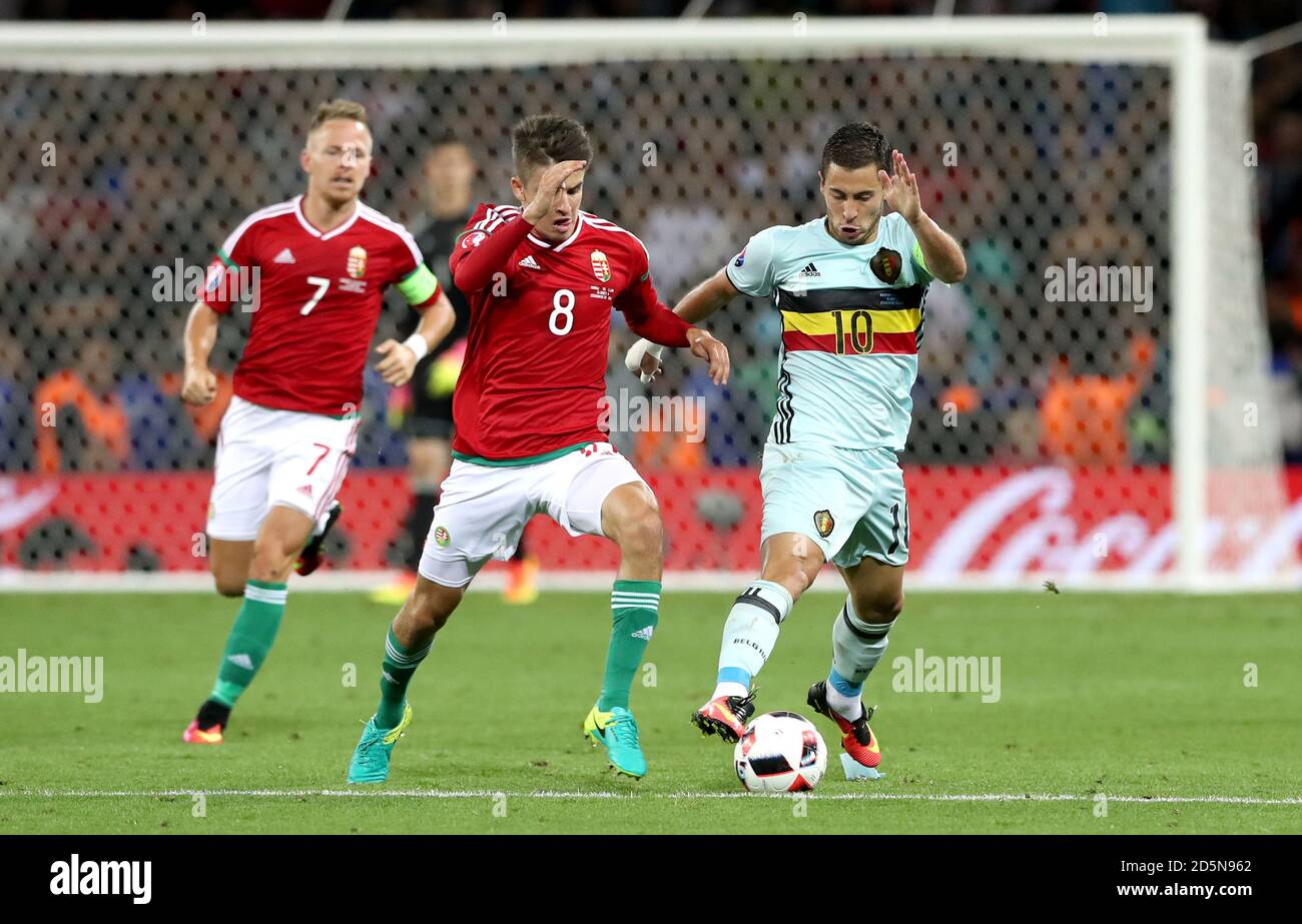 Hungary's Adam Nagy (left) and Belgium's Eden Hazard (right) battle for ...