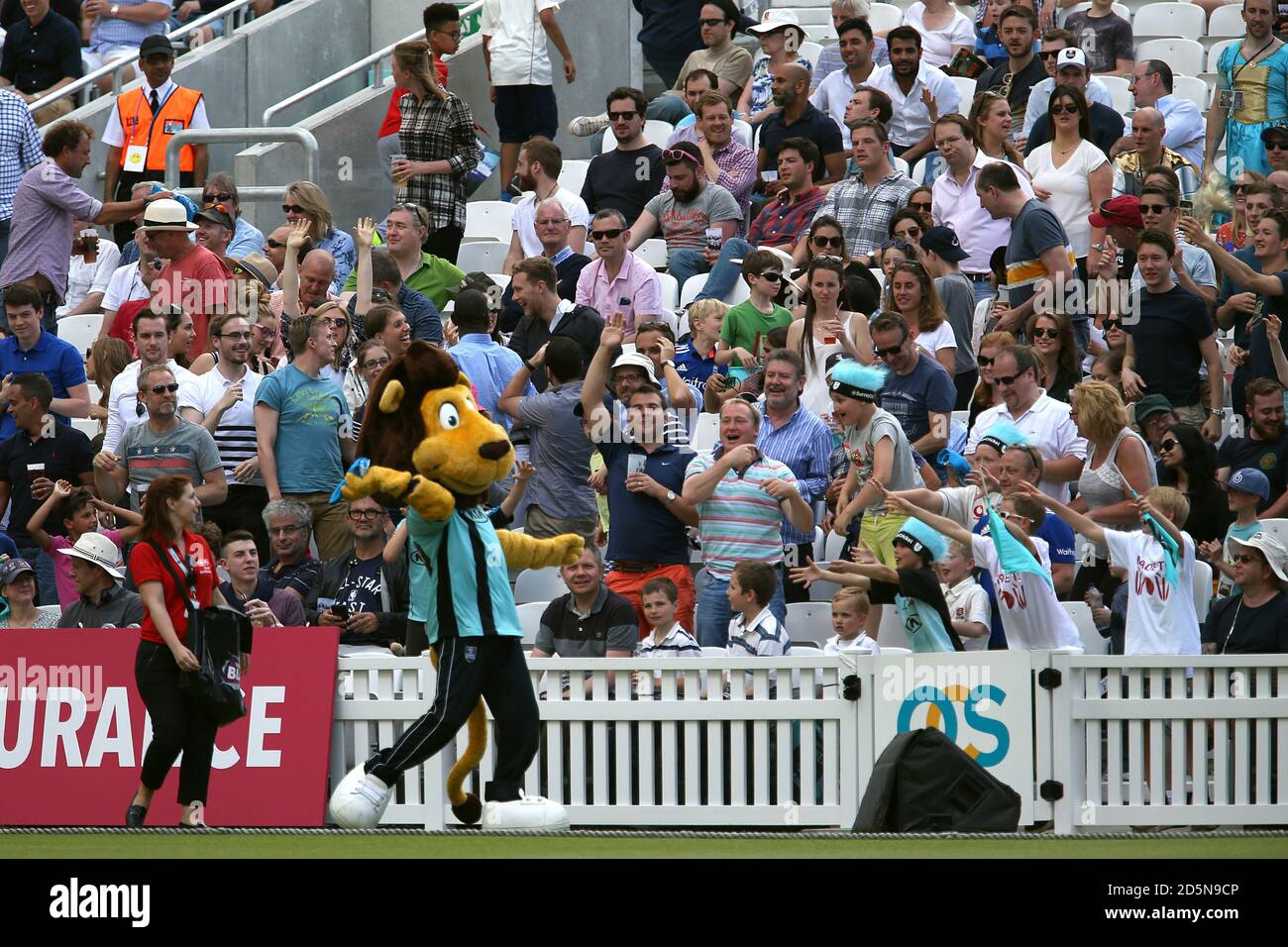 Surrey mascot Caesar the Lion throws t-shirts into the stands for the ...