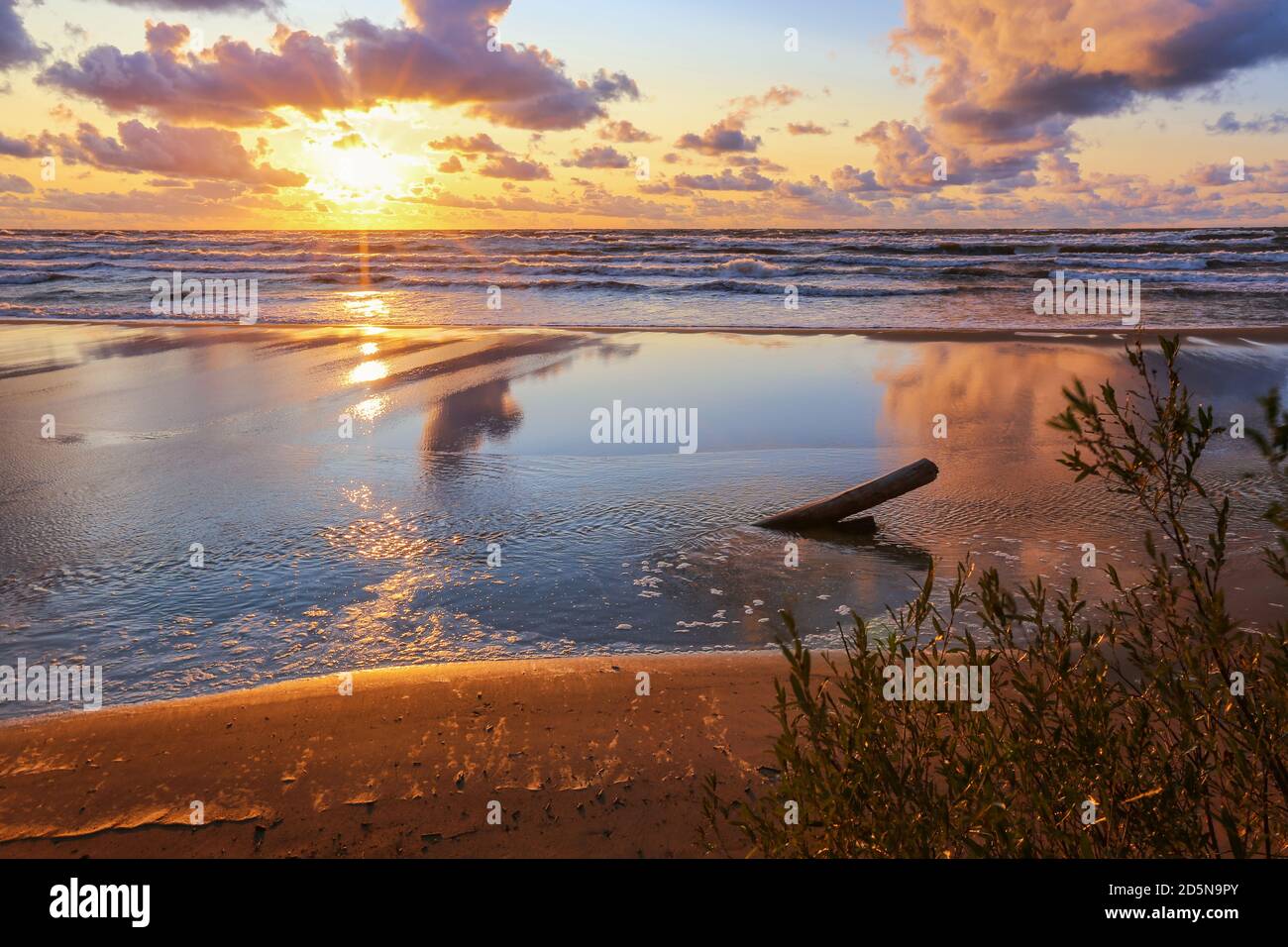 Colorful summer sunset at the beach Saulkrasti, popular touristic place ...