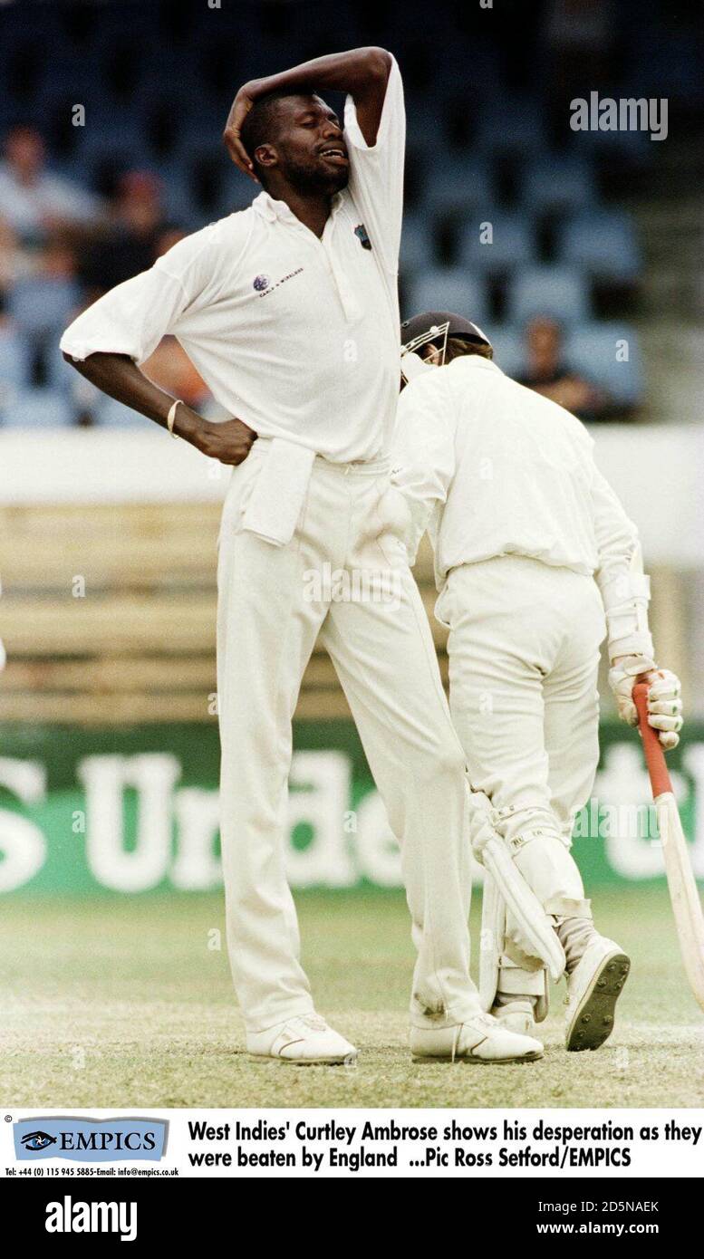 West Indies' Curtley Ambrose shows his desperation as they were beaten ...