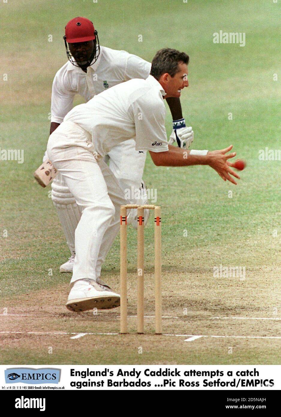 England's Andy Caddick attempts a catch against Barbados Stock Photo ...