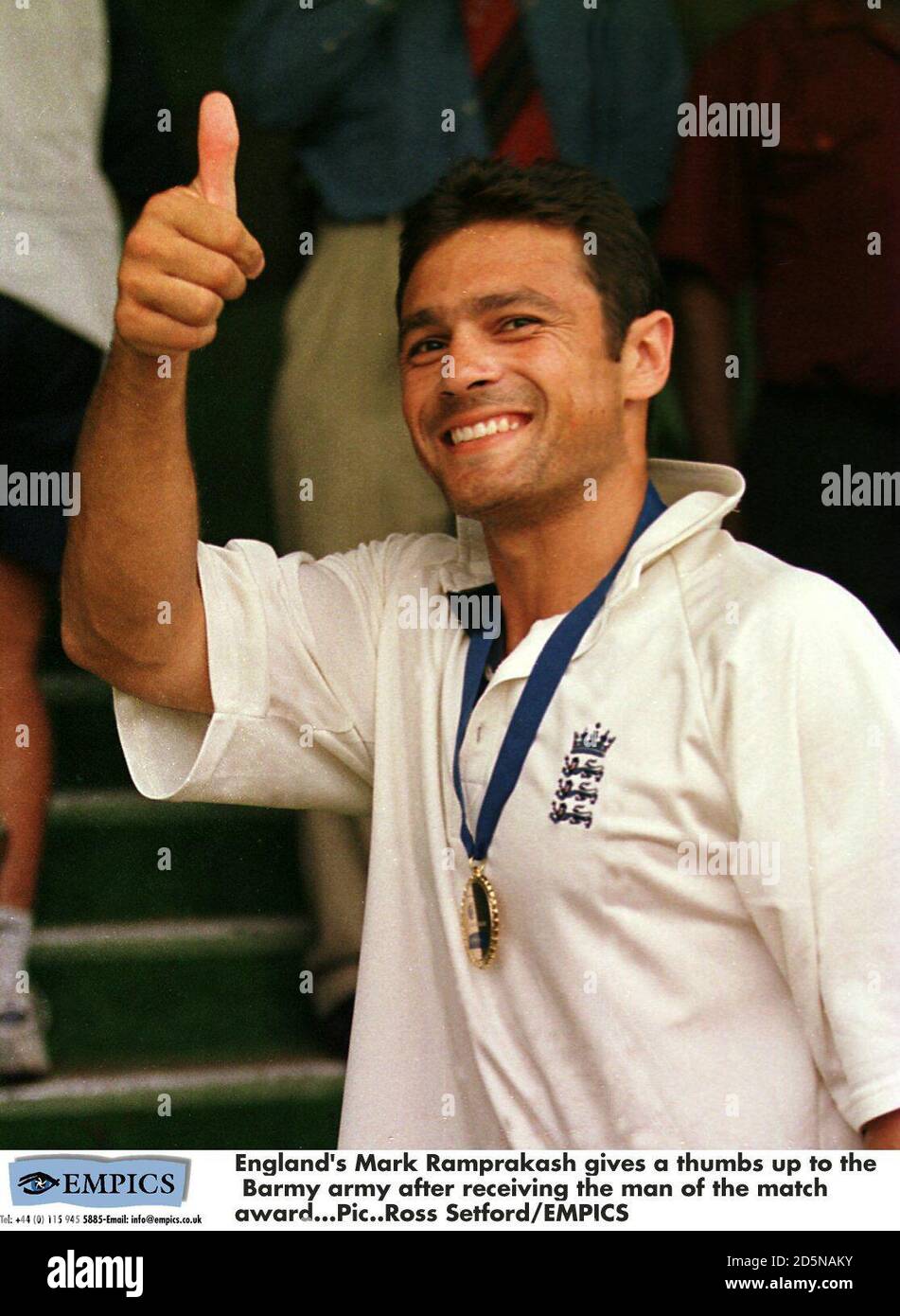 England's Mark Ramprakash gives a thumbs up to the English Barmy Army ...