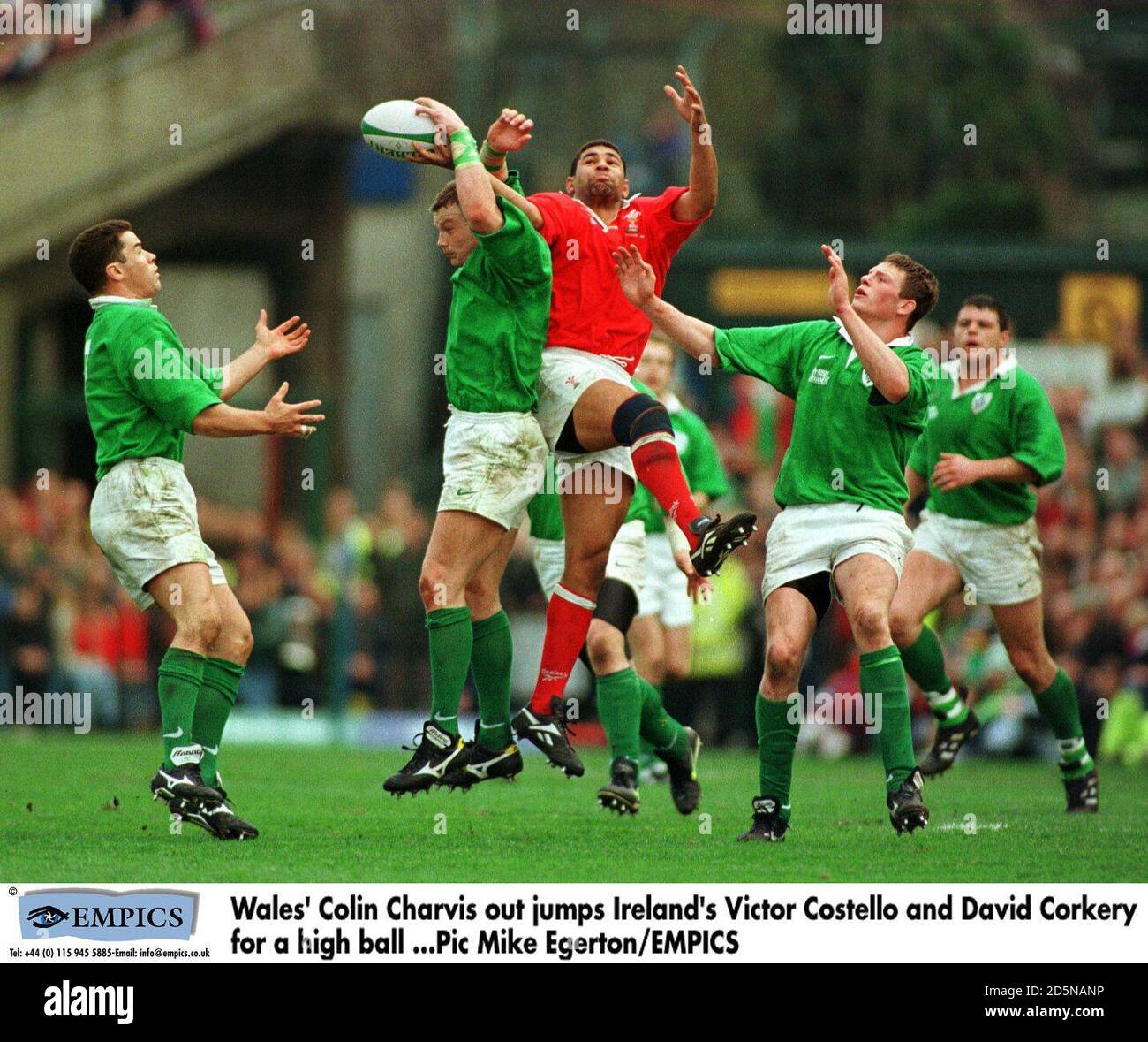 Wales' Colin Charvis out jumps Ireland's Victor Costello and David ...
