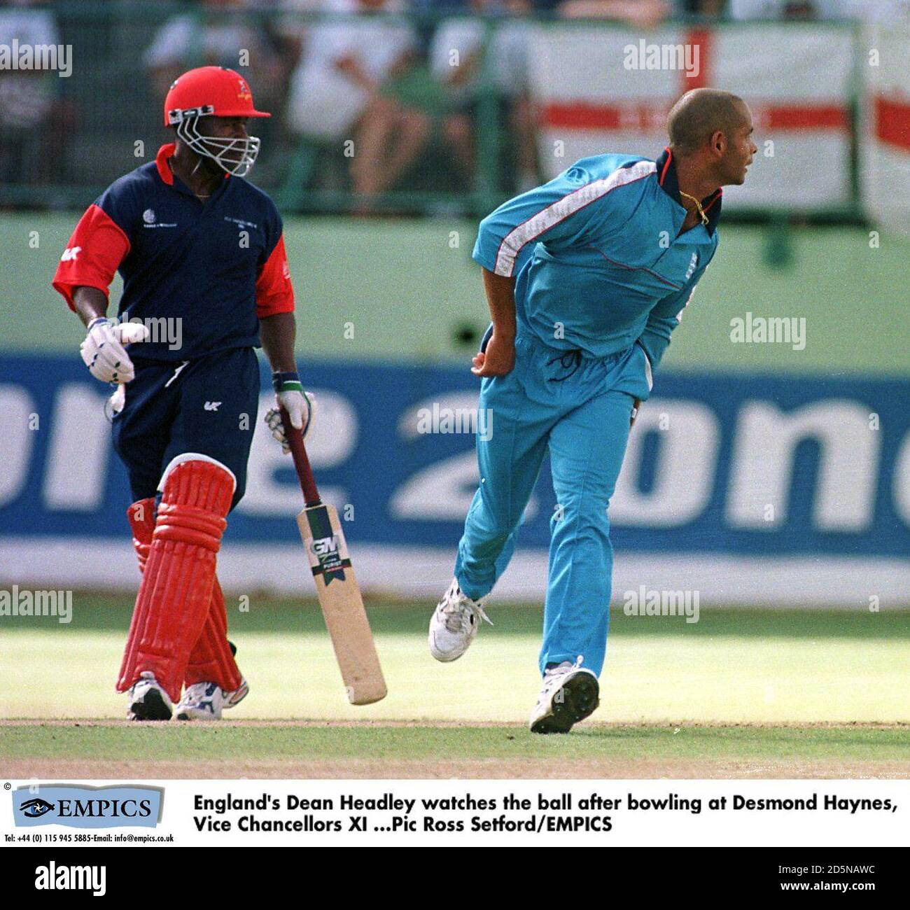 England's Dean Headley watches the ball after bowling at Desmond Haynes ...
