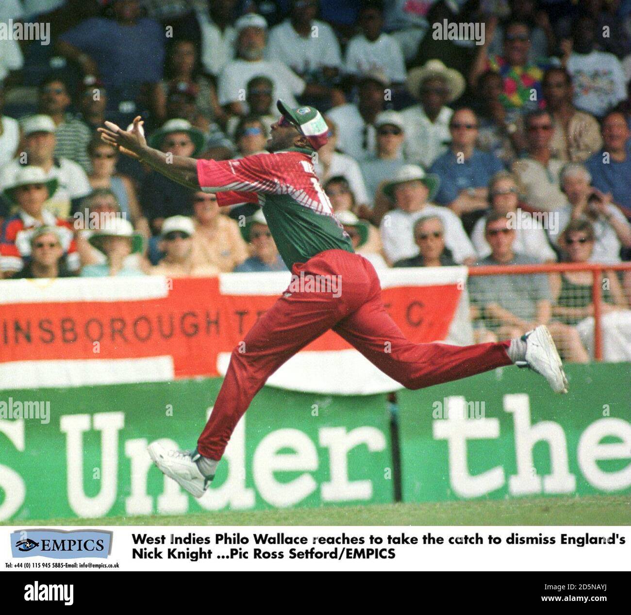 West Indies' Philo Wallace reaches to take the catch to dismiss England ...
