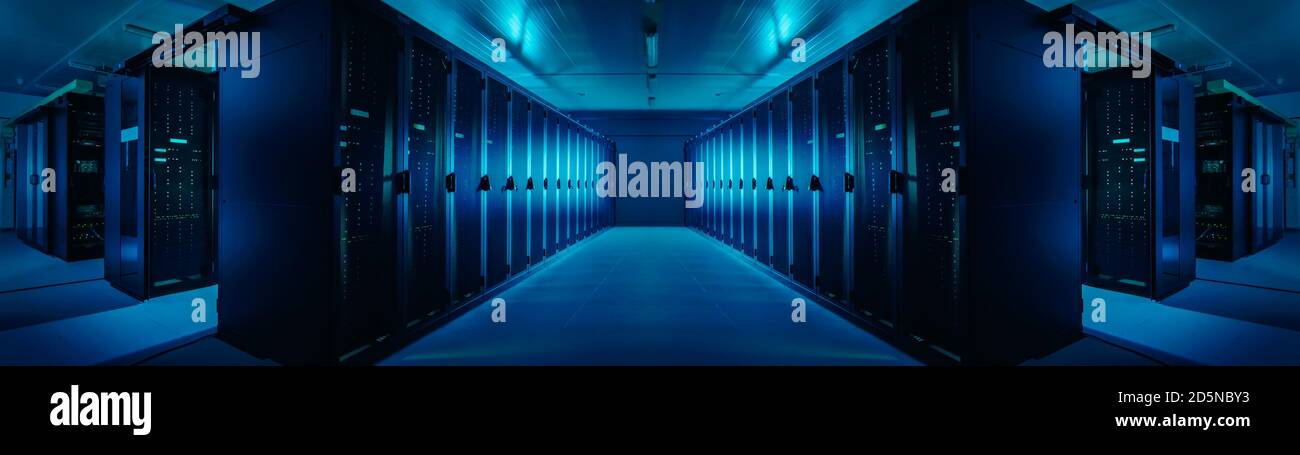 Wide-Angle Panorama Shot of a Working Data Center With Rows of Rack Servers. Blue Led Lights ...